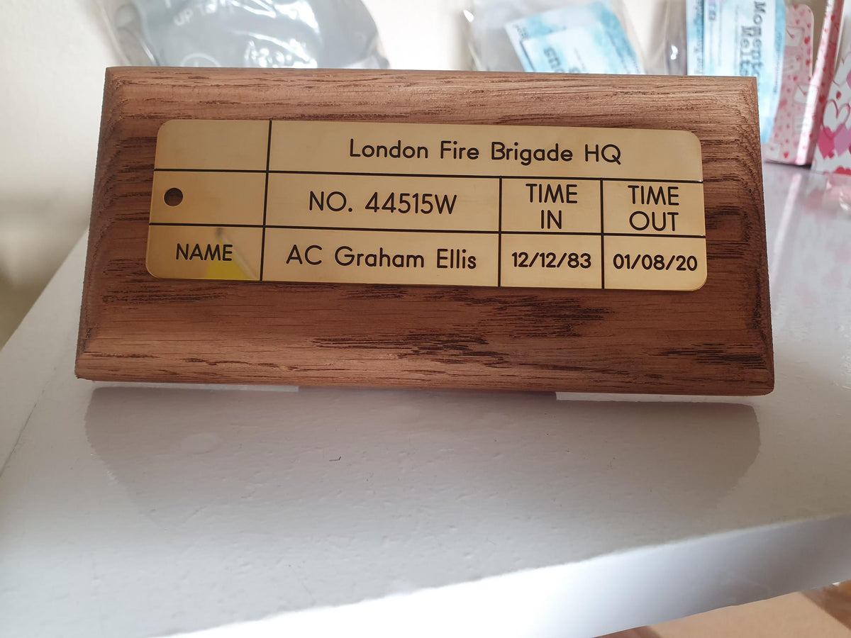 Firefighters Brass Tally presented on oak board – Fire Brigades Union