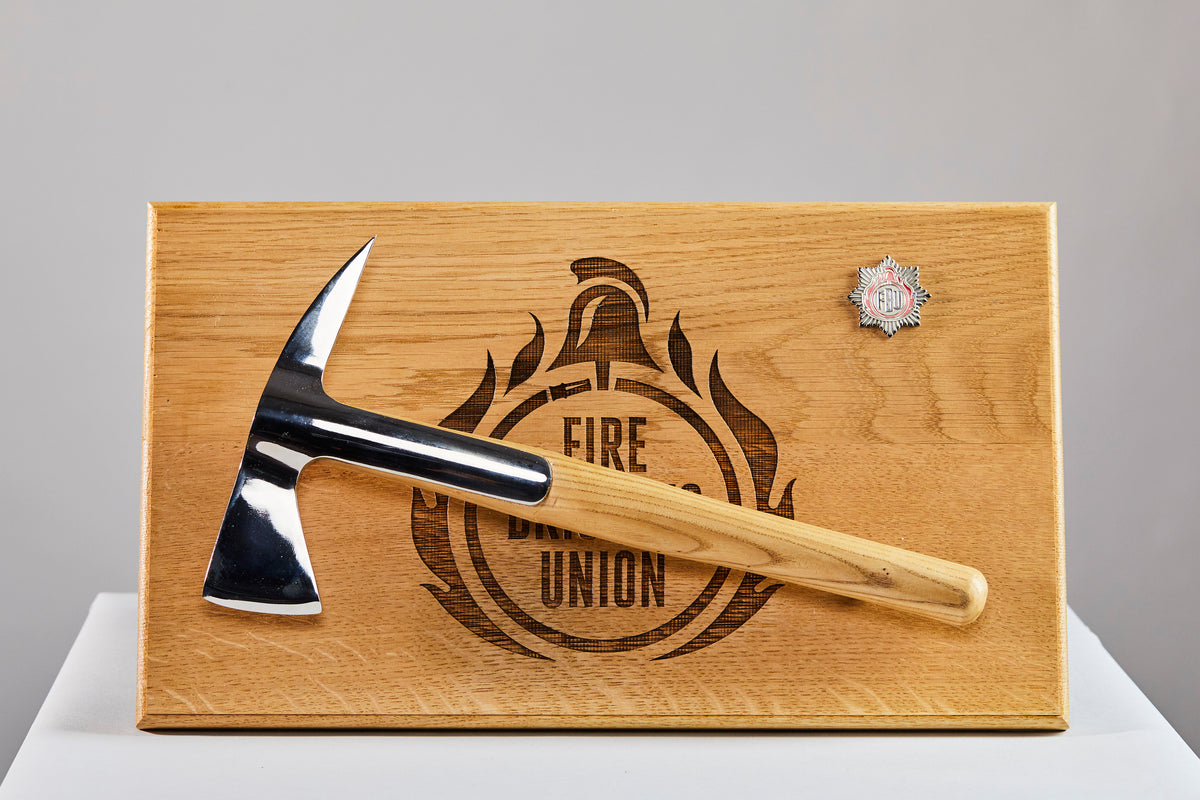 Firefighters Axe presented on oak board – Fire Brigades Union